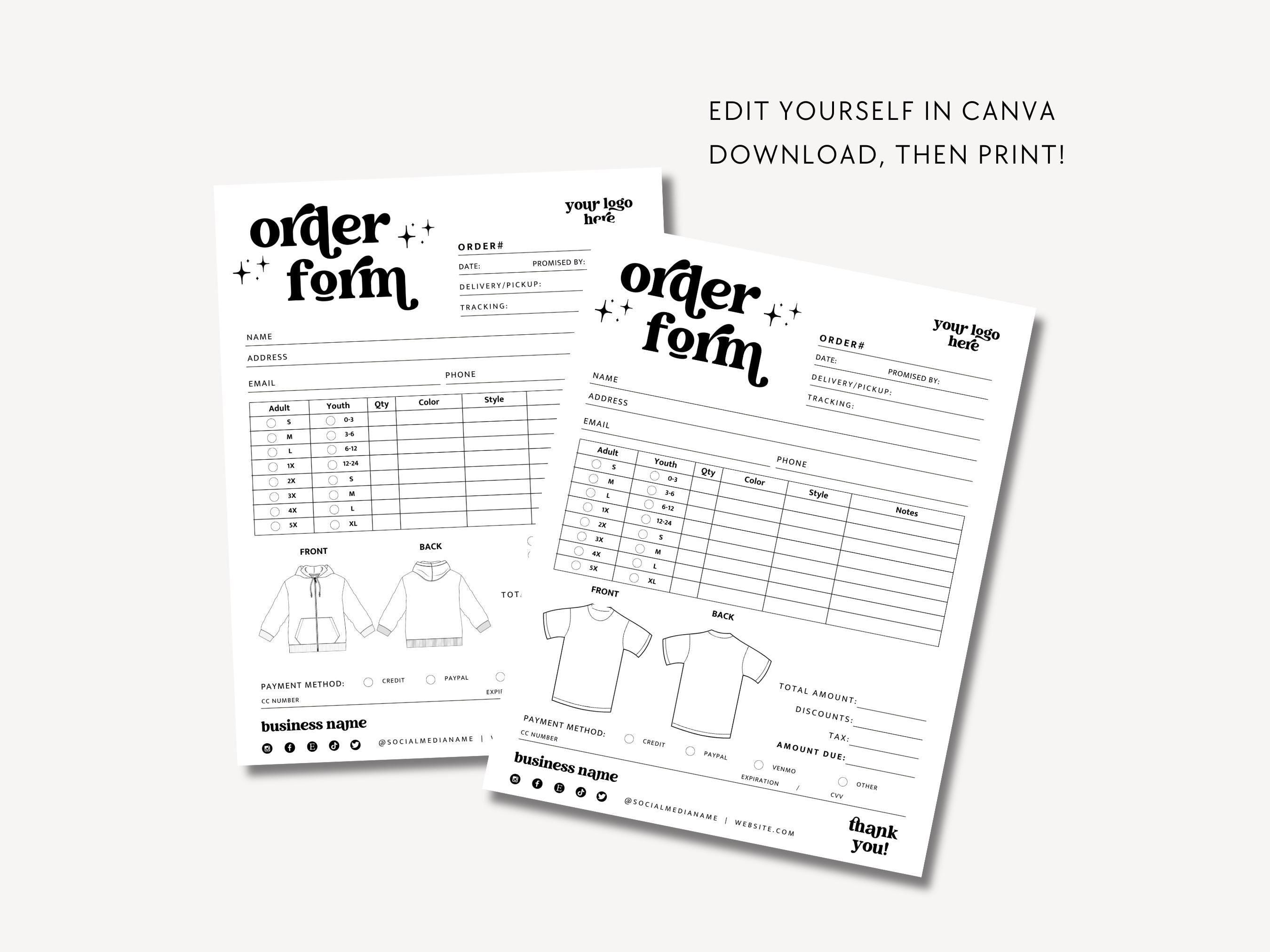 Editable T-shirt & Hoodie Order Form Canva Template, Retro Small ...