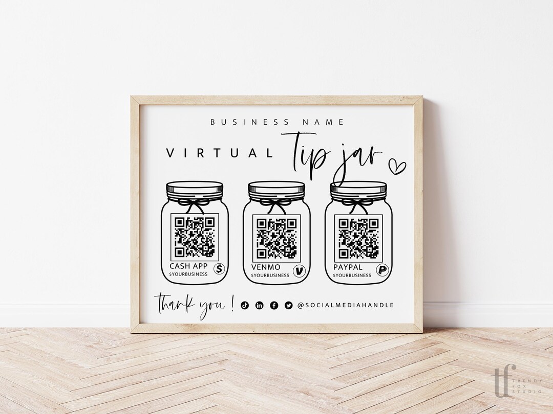 Printable Virtual Tip Jar Venmo Cashapp Payment Sign, QR Code Sign ...