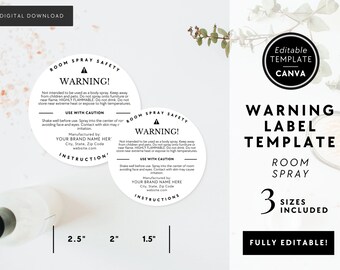 Room Spray Warning Label CANVA Template 3 Sizes DIY Editable Room Mist ...