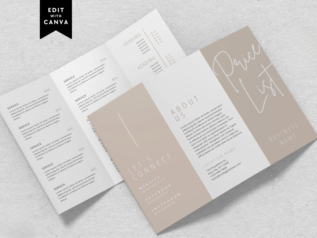 DIY Tri-fold Printable Price List Template, Editable Trifold Price ...
