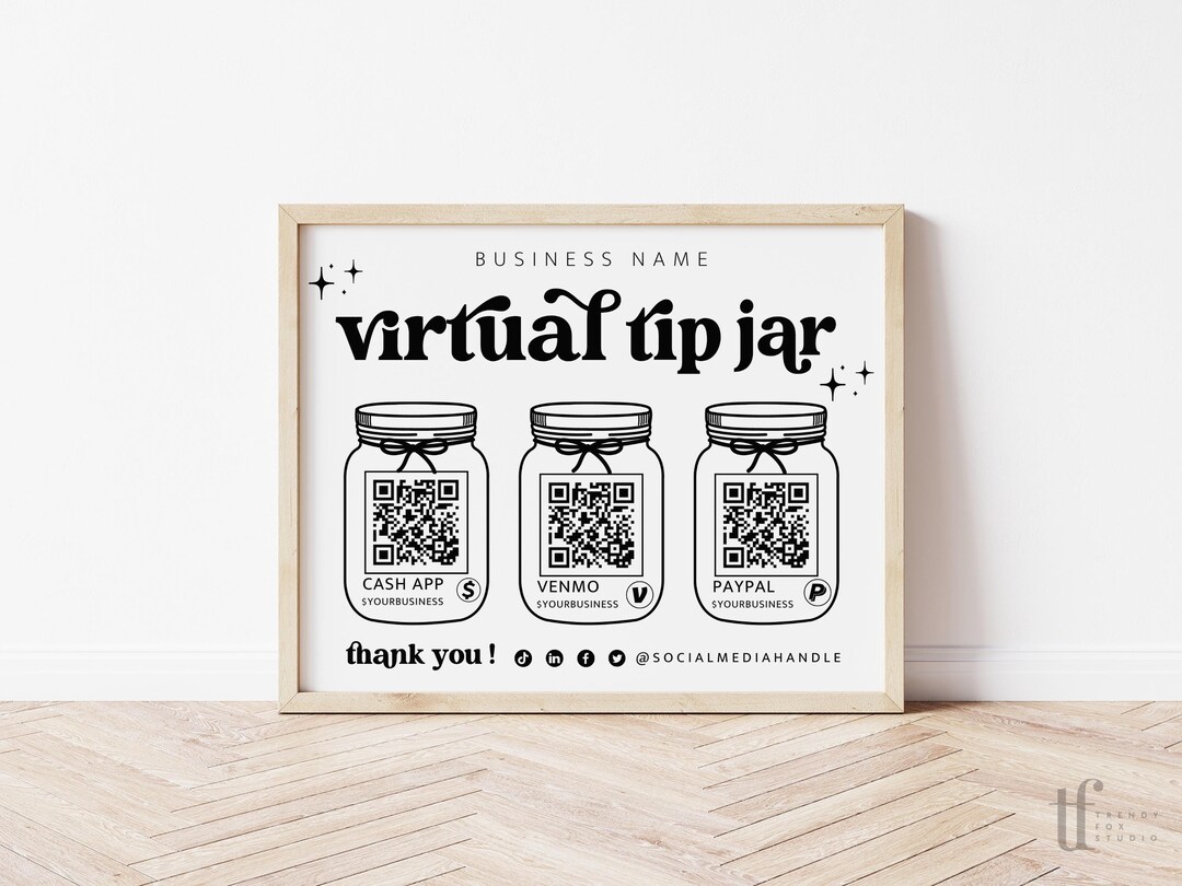 Printable Virtual Tip Jar Venmo Cashapp Payment Sign QR Code Canva ...