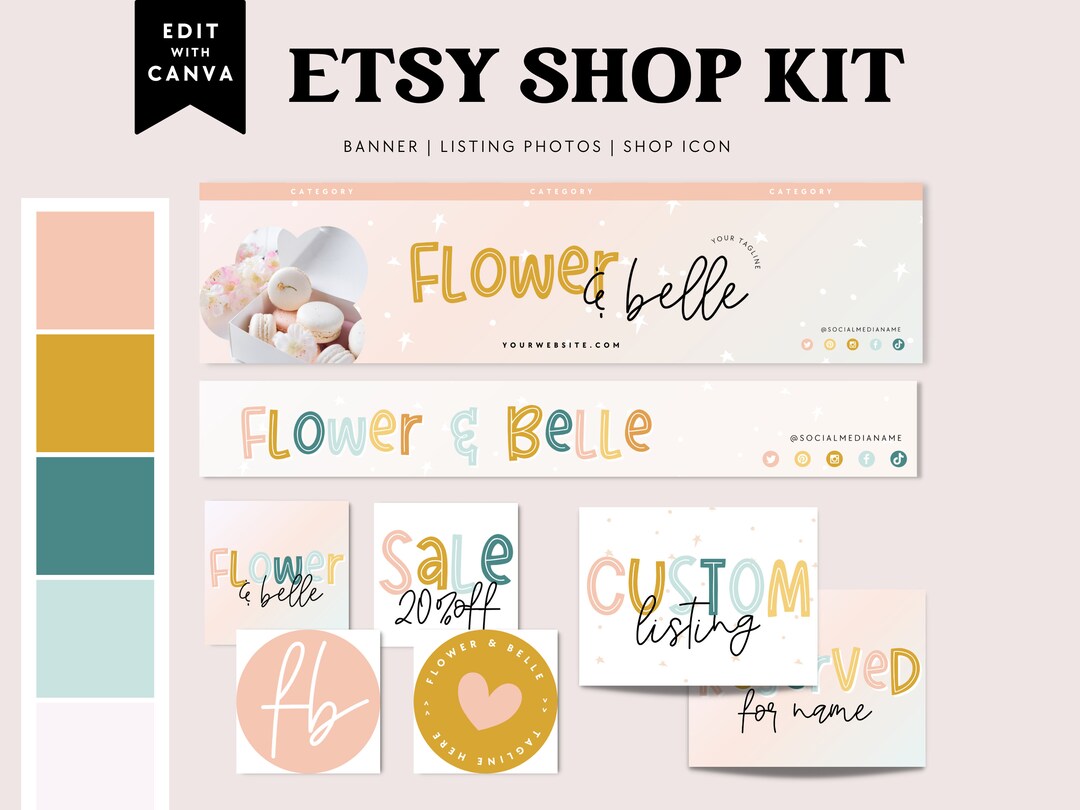 Cute Rainbow Etsy Shop Template Canva, Pastel Etsy Banner Etsy Shop ...