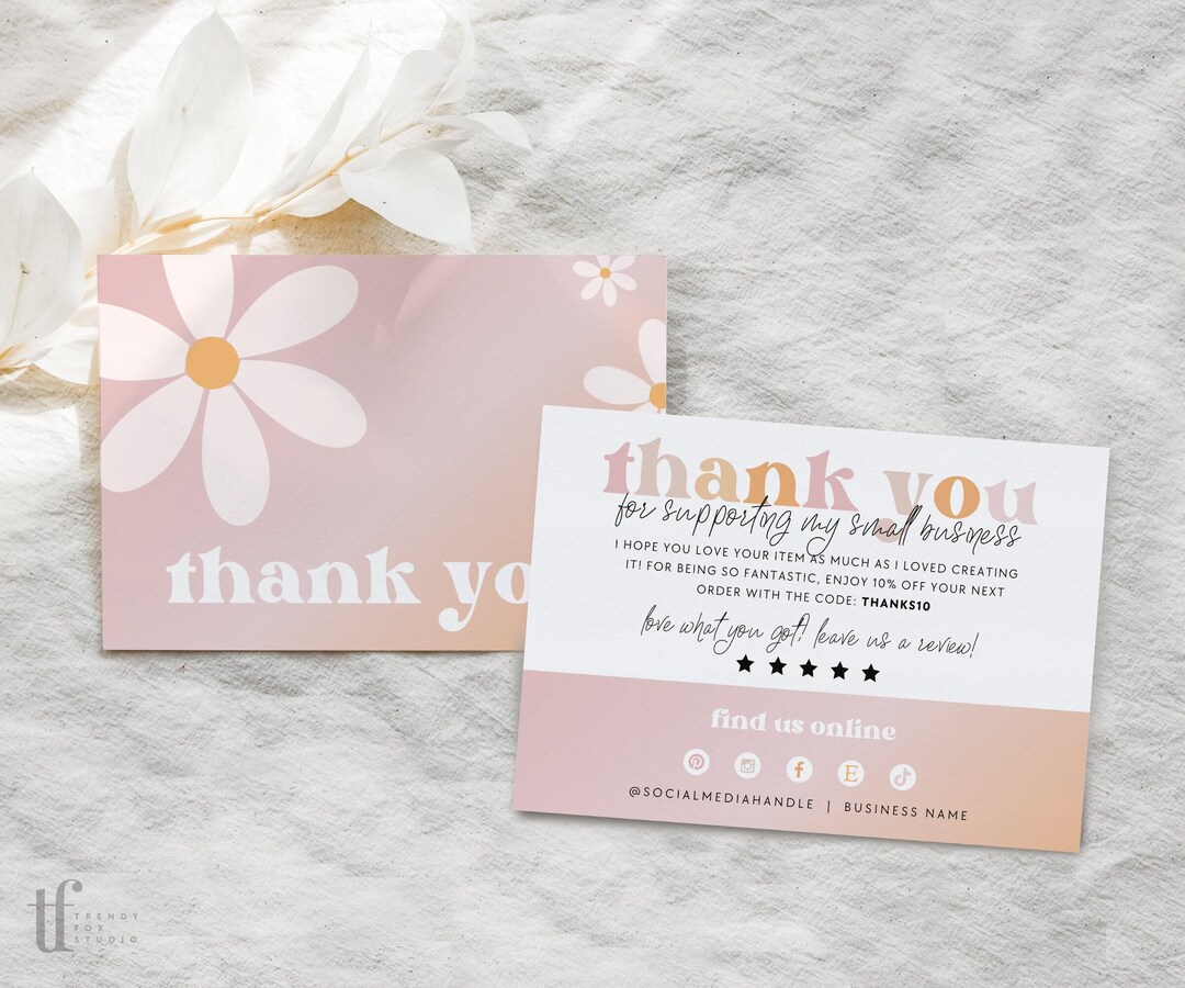 Editable Retro Daisy Small Business Thank You Card Canva, Printable ...