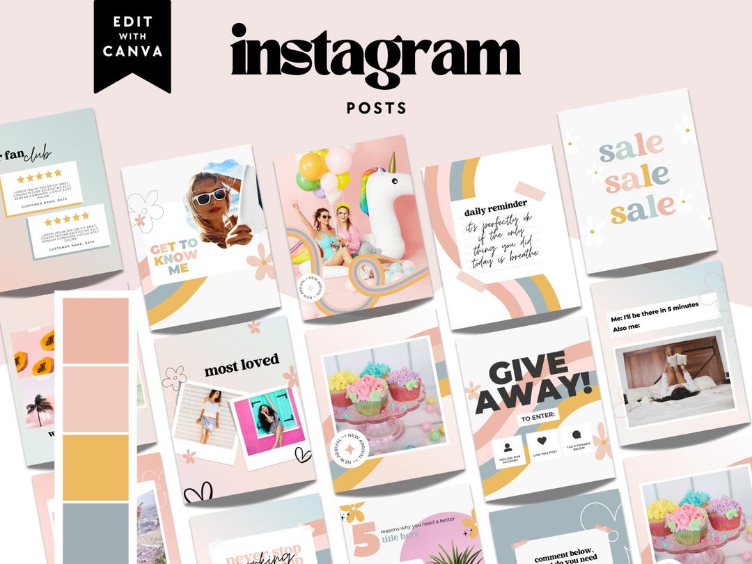 Retro Rainbow Instagram Post Templates Canva, Cute Instagram Marketing ...