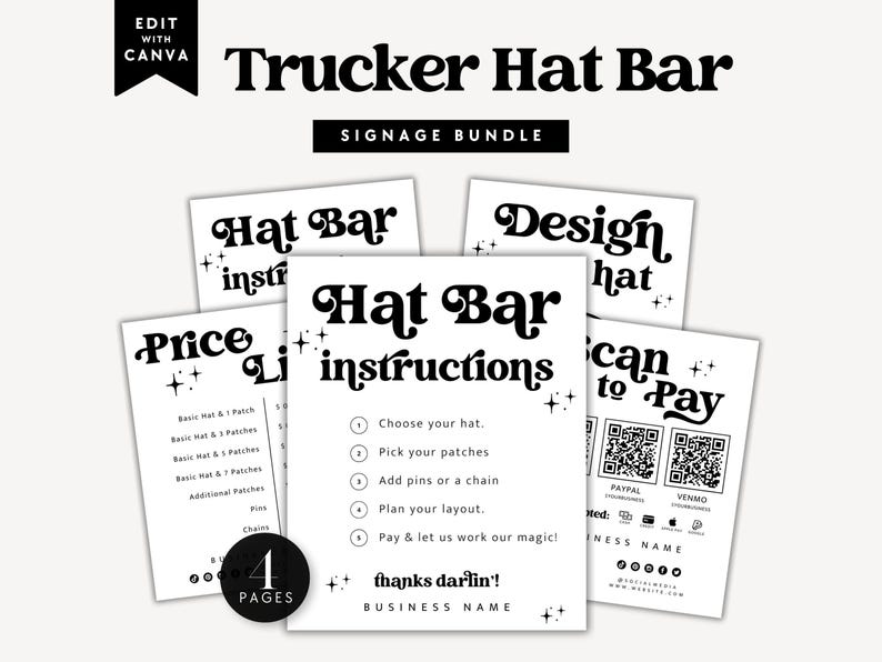 Trucker Hat Bar Sign Bundle Canva Template, Editable Hat Instructions ...