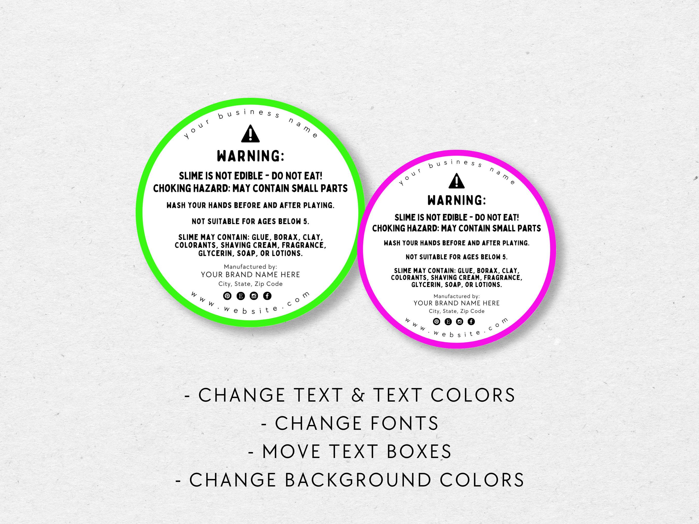 Round Slime Warning Label Template, Editable Slime Instructions Label ...