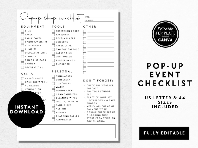 Pop-up Shop Checklist, Vendor Event Planner, Craft Show Checklist ...