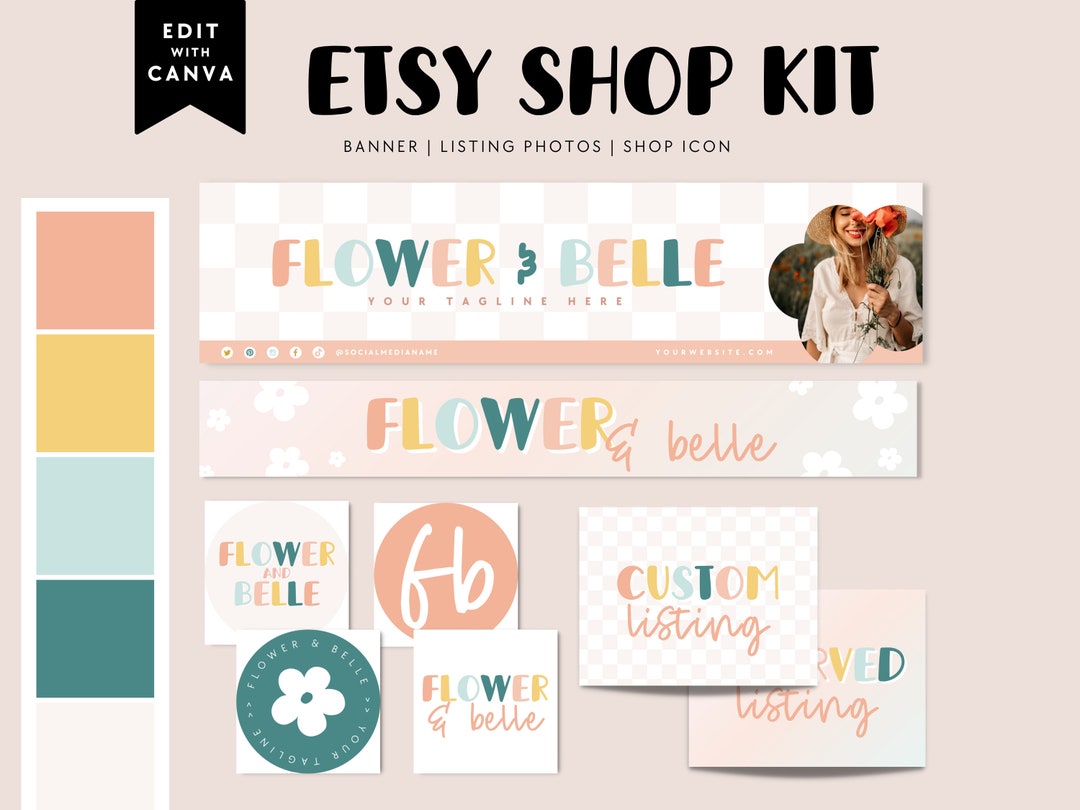 Rainbow Etsy Shop Template Canva, Pastel Etsy Banner Checkered Etsy ...