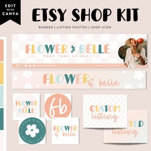 Rainbow Etsy Shop Template Canva, Pastel Etsy Banner Checkered Etsy ...