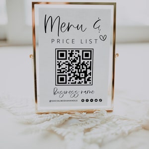 Printable Menu & Price List QR Code Sign Template, Editable Menu QR ...