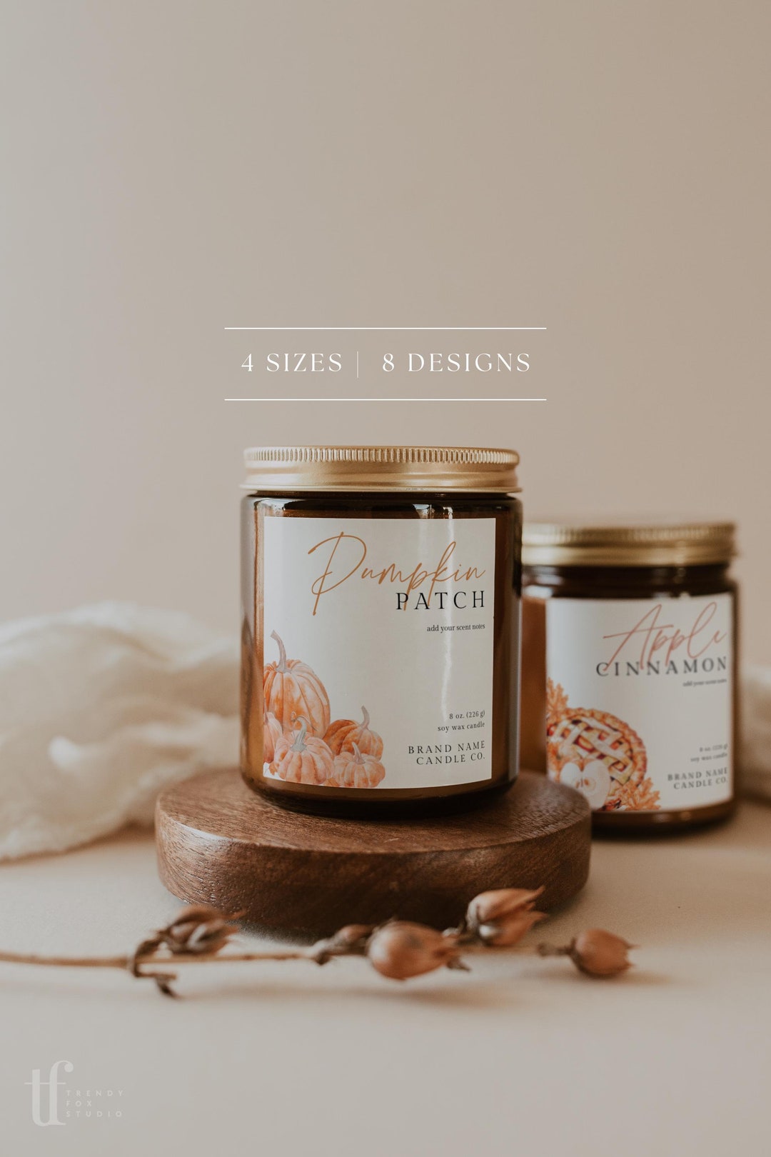 Fall Candle Label Canva Template, Autumn Watercolor Leaves Pumpkin ...