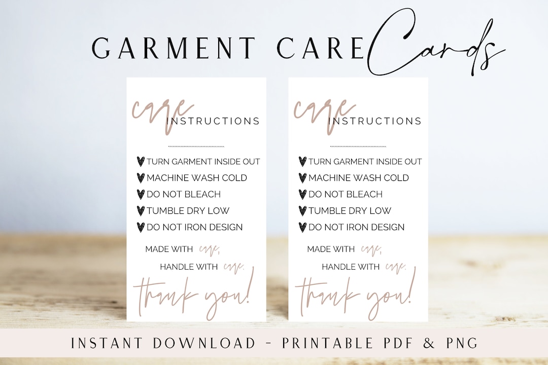 Printable Garment Care Card, INSTANT DOWNLOAD, Simple Care Card Package ...
