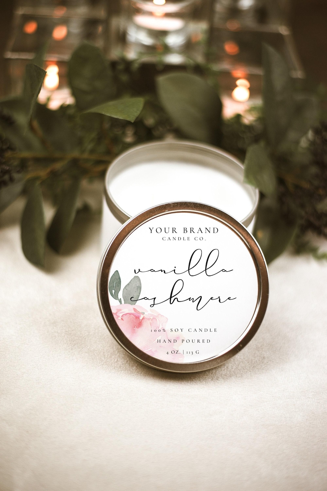 Round Candle Label Template, Editable Candle Lid Sticker Label, Floral ...