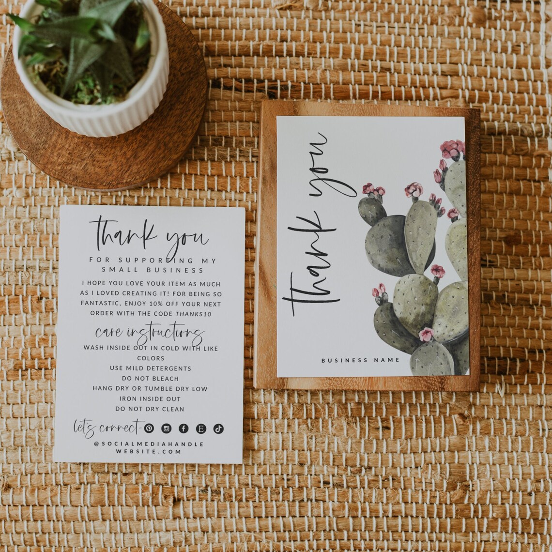 Cactus Thank You Card Template Printable Care Instructions - Etsy