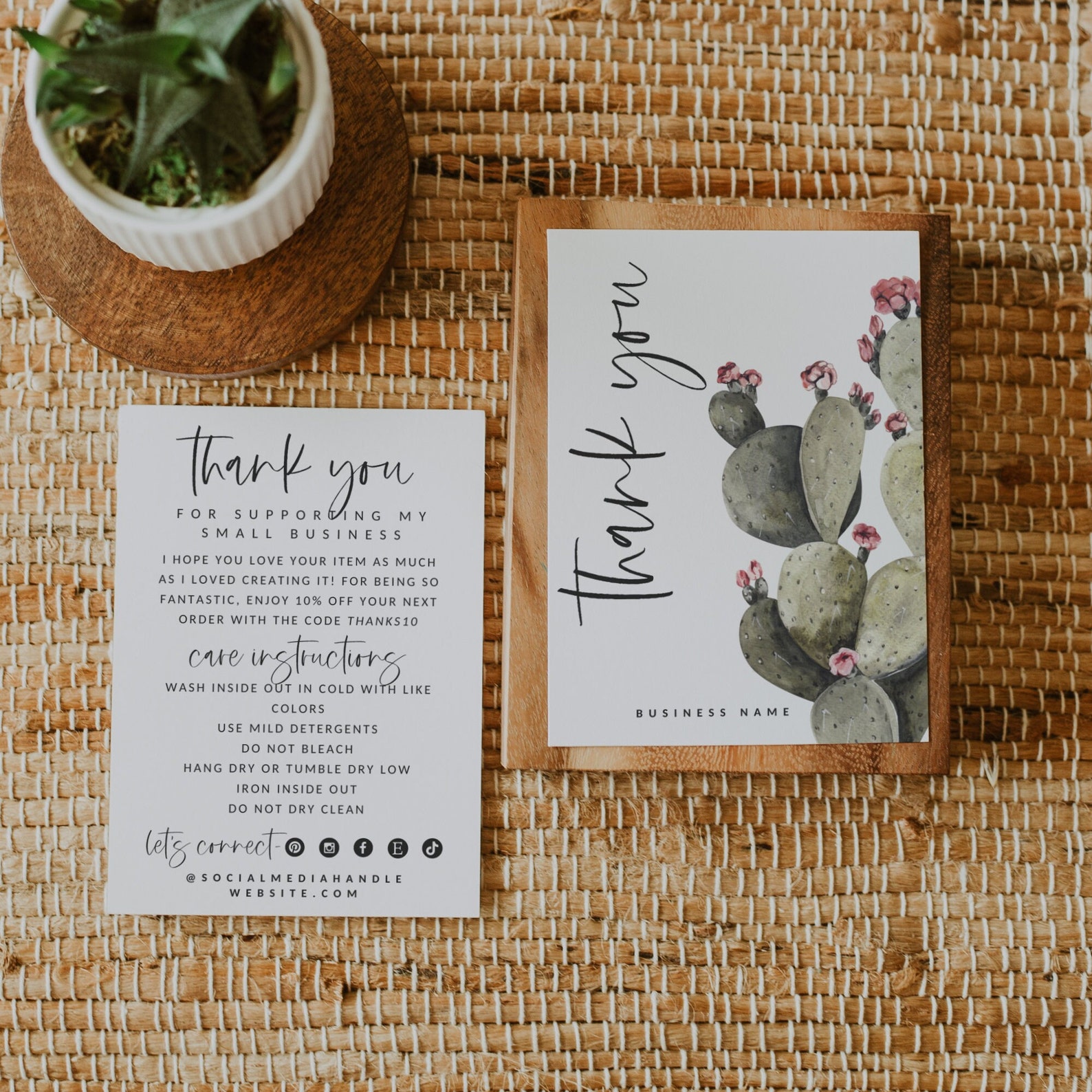 Cactus Thank You Card Template Printable Care Instructions - Etsy