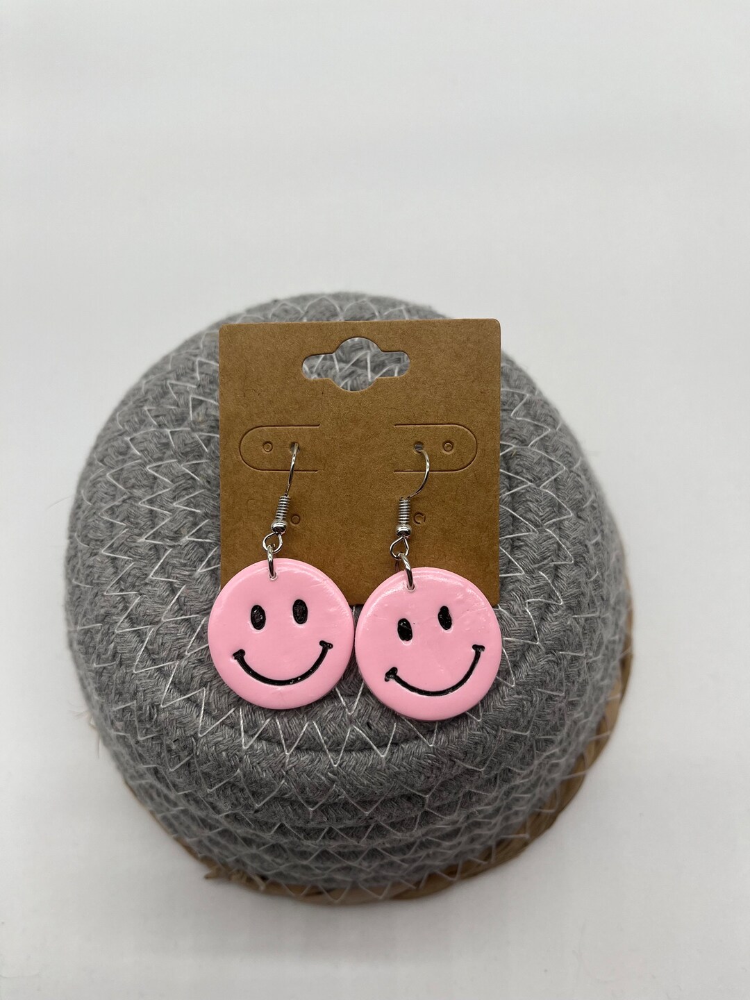Pink Smiley Face Dangle Polymer Clay Earrings - Etsy
