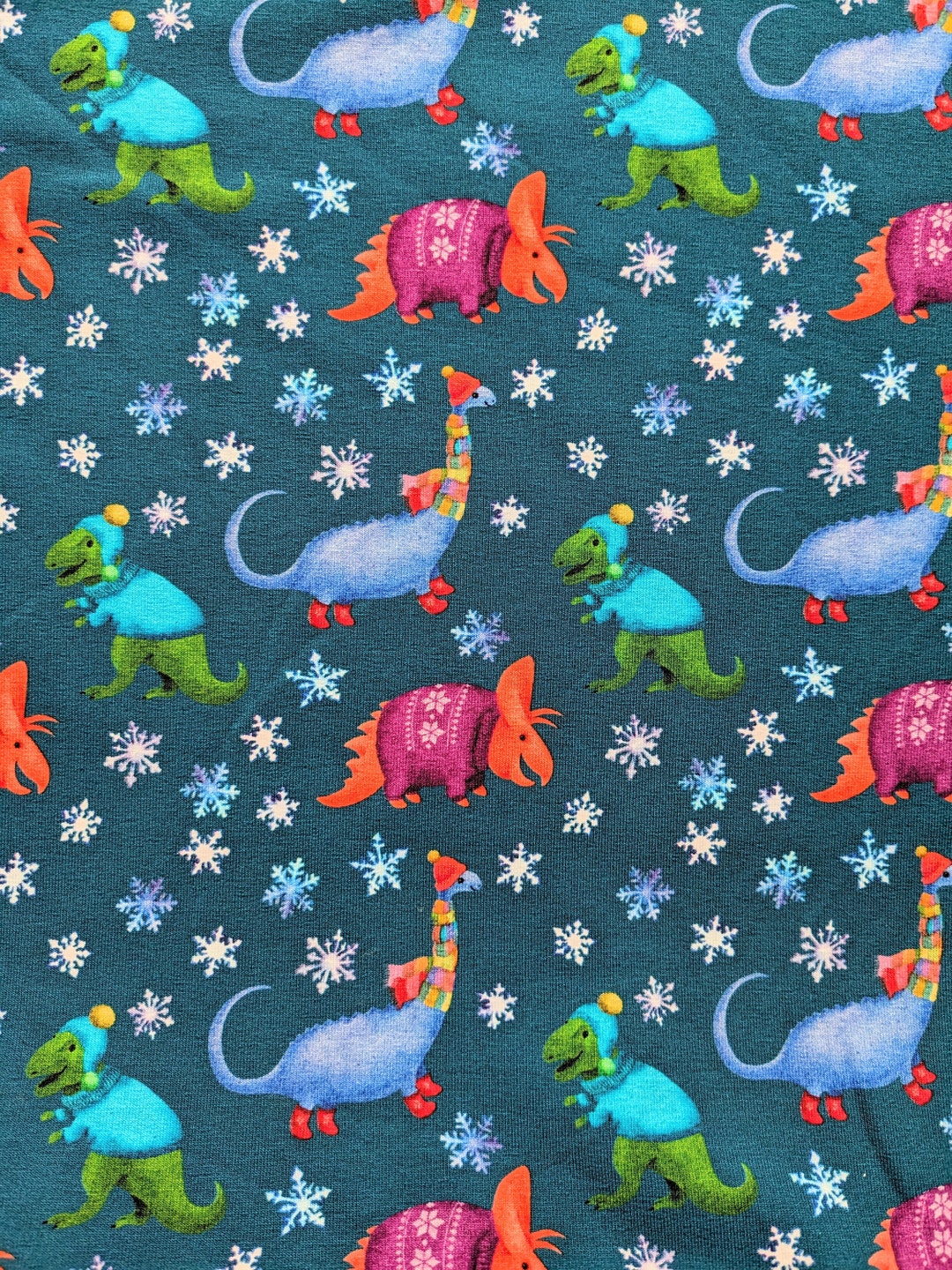 Dinosaur Stretch Knit, Festive Dino Loop Back Fabric, Triceratops ...