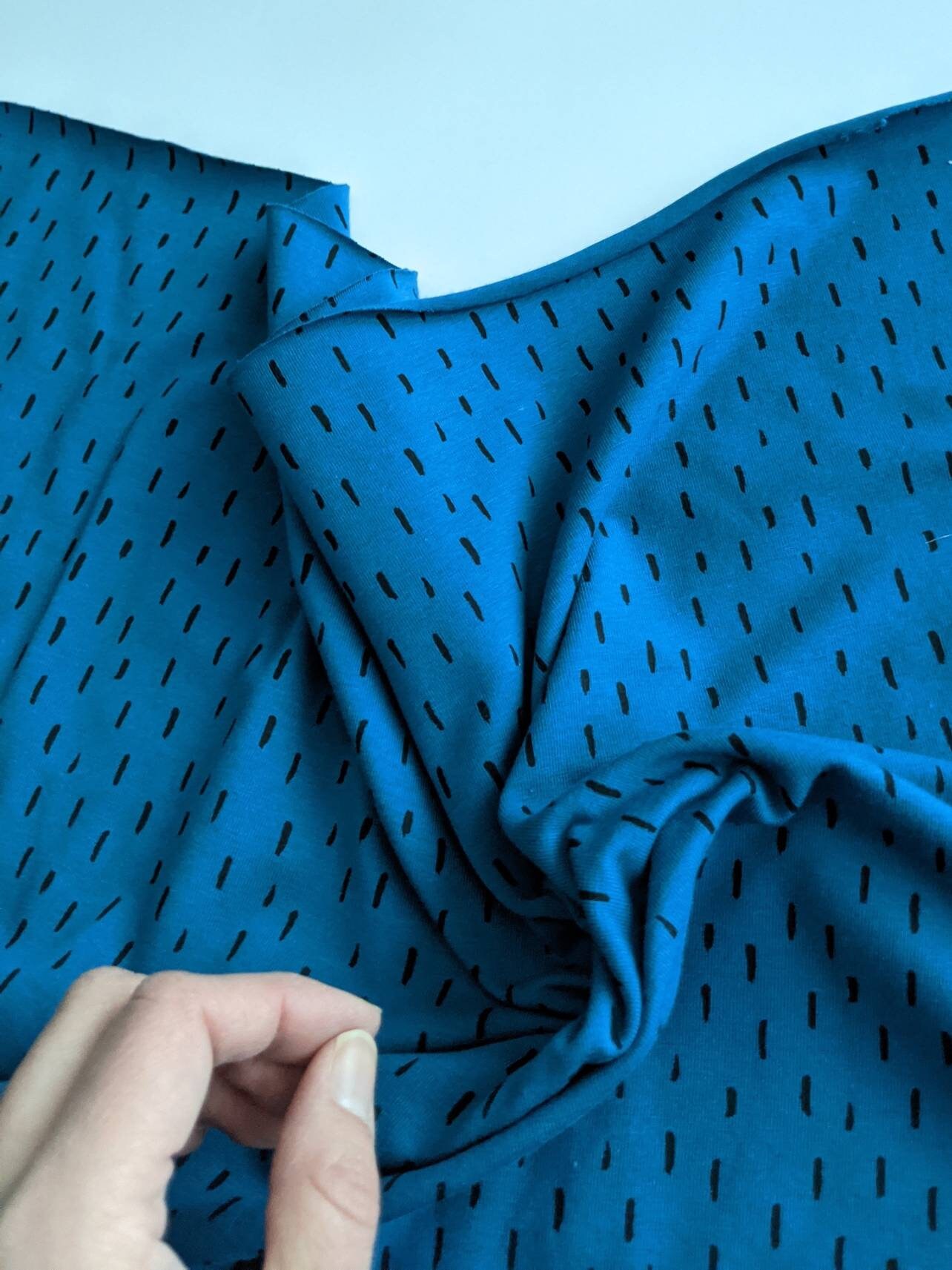 Petrol Blue Jersey Fabric Organic Cotton Blue Dash | Etsy