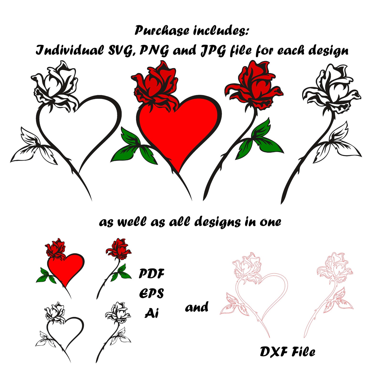 Rose and Heart Svg Valentine Heart Svg Bundle Printable - Etsy UK