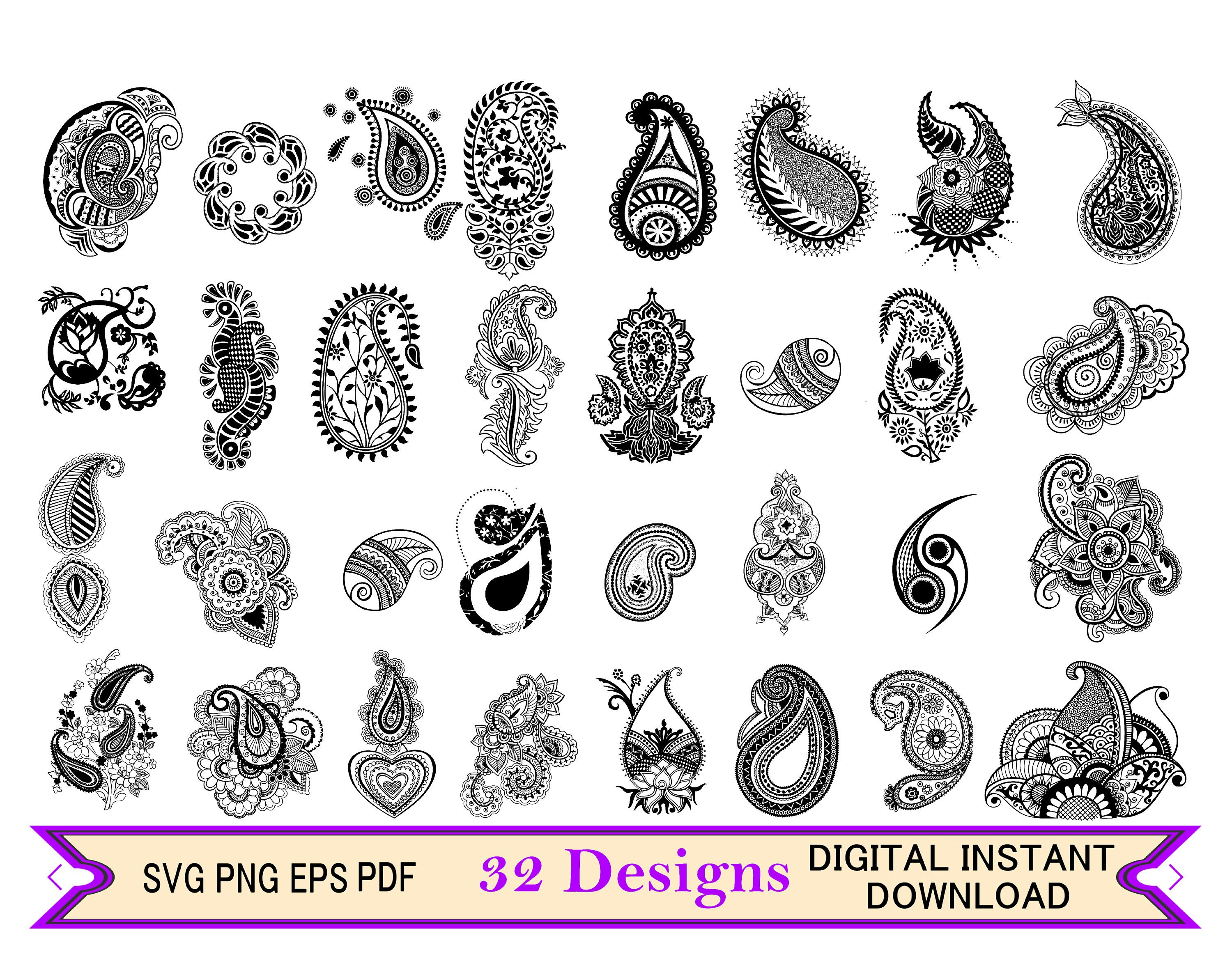 Hand Drawn Paisley Vector Elements SVG Clip Art CNC Henna - Etsy