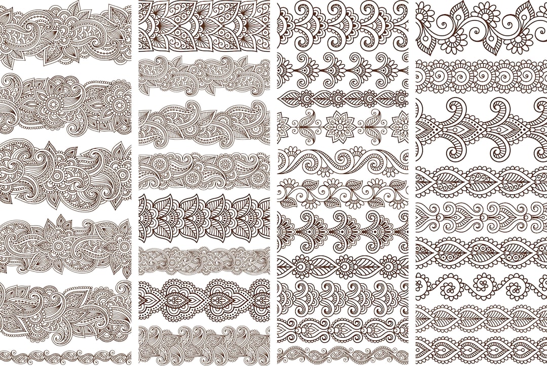 Henna Mehndi SVG, Seamless Borders Bundle Pack of Vectors, 34 PNG ...
