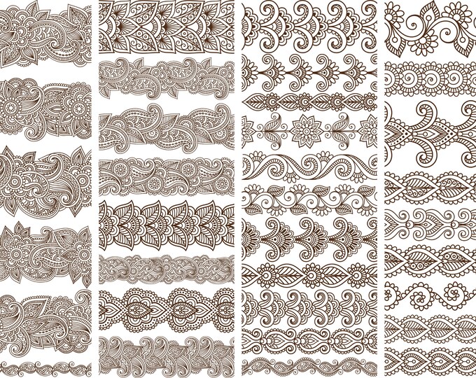 Henna Mehndi SVG, Seamless Borders Bundle Pack of Vectors, 34 PNG Clipart Files, Silhouette ...