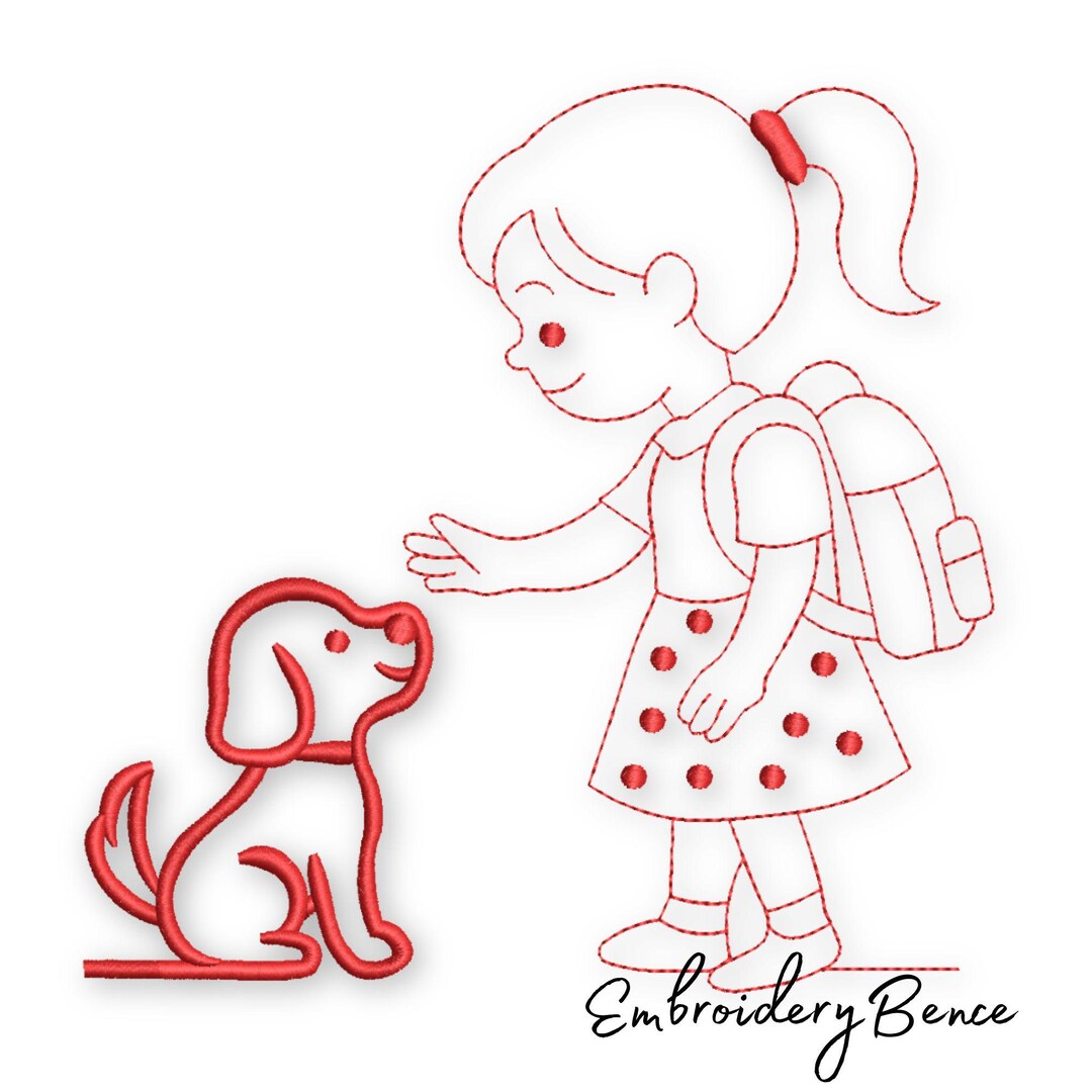 Girl With Dog Redwork Embroidery Machine Designs - Etsy
