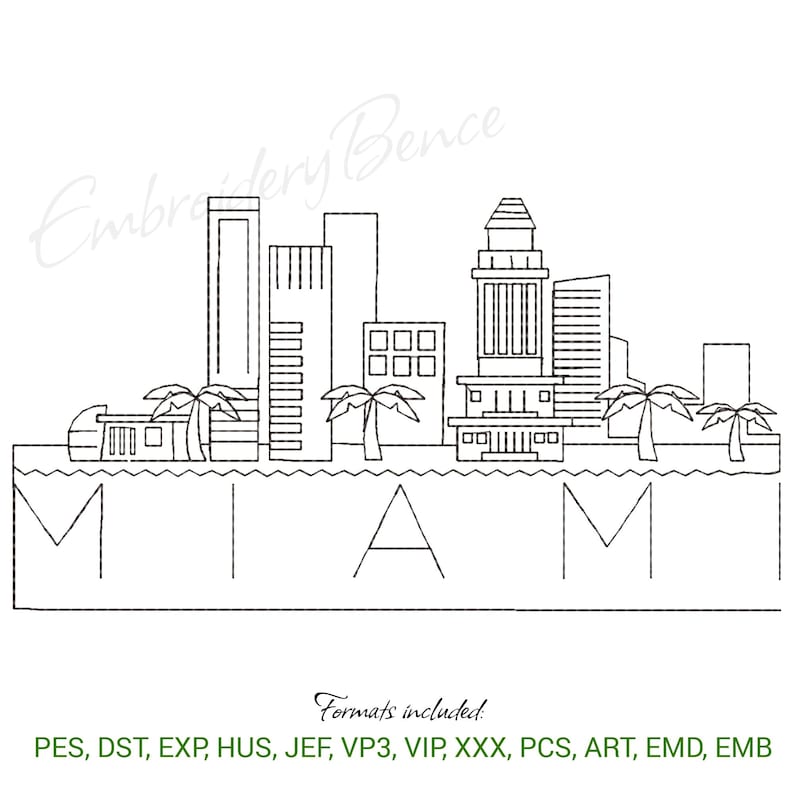 Miami Skyline Embroidery Machine Designs Pes Pattern Instant Digital ...