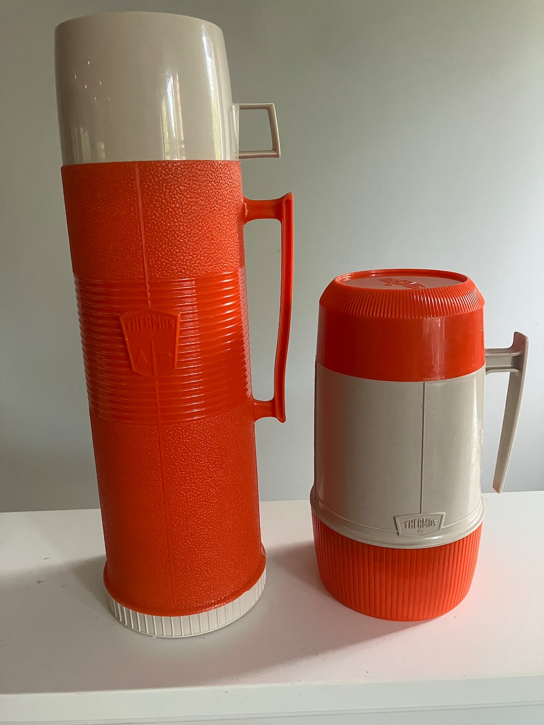 Vintage Thermos Set of 2-orange-70s Set of Two-bright Orange-retro Thermos-coffee Thermos-large ...