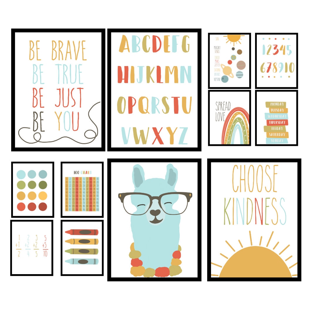 12 Preschool or Kindergarten Posters in Bright Colors With Rainbows and ...