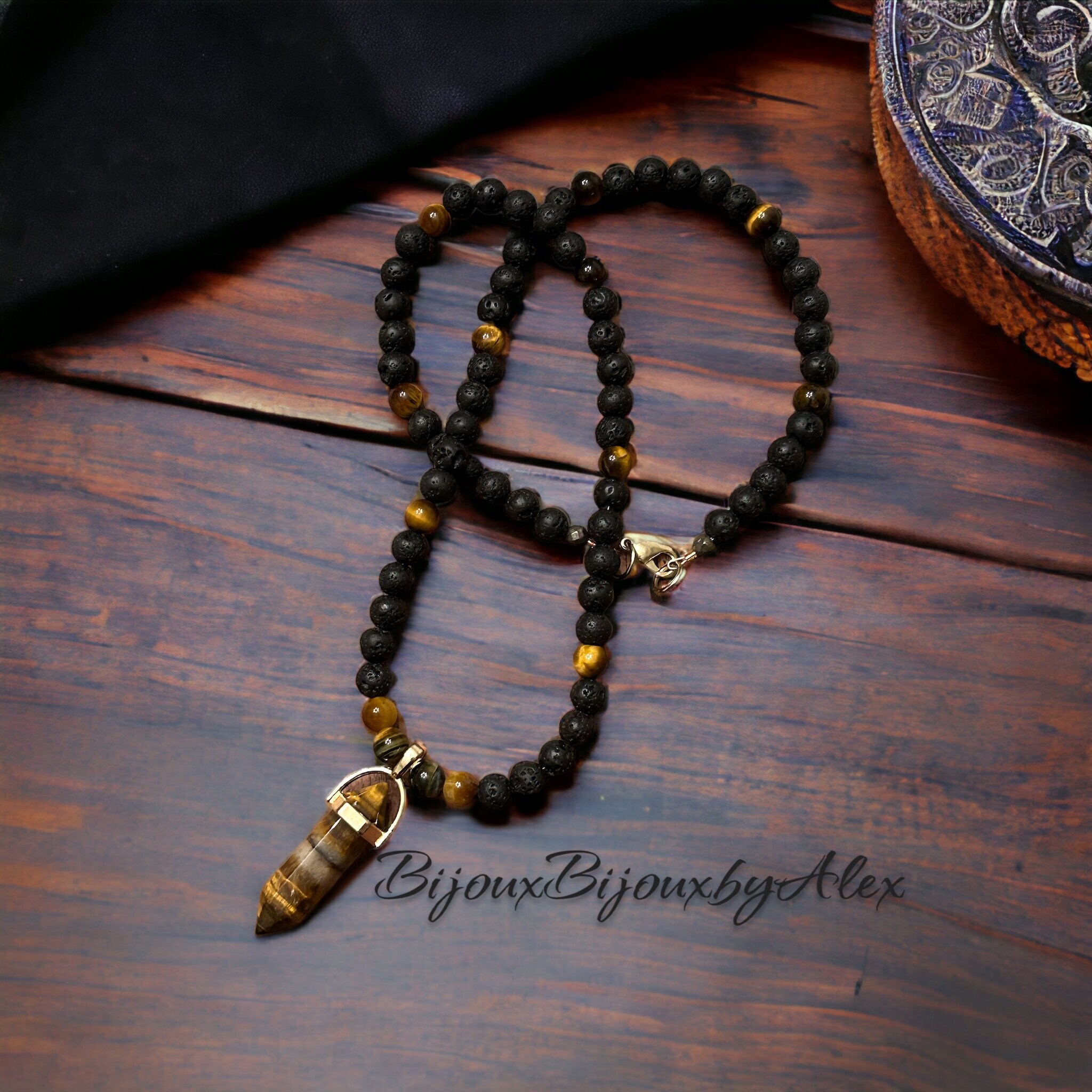 Men's Blue Tiger Eye Necklace/ Lava Stone Necklace/tiger Eye Jewelry ...