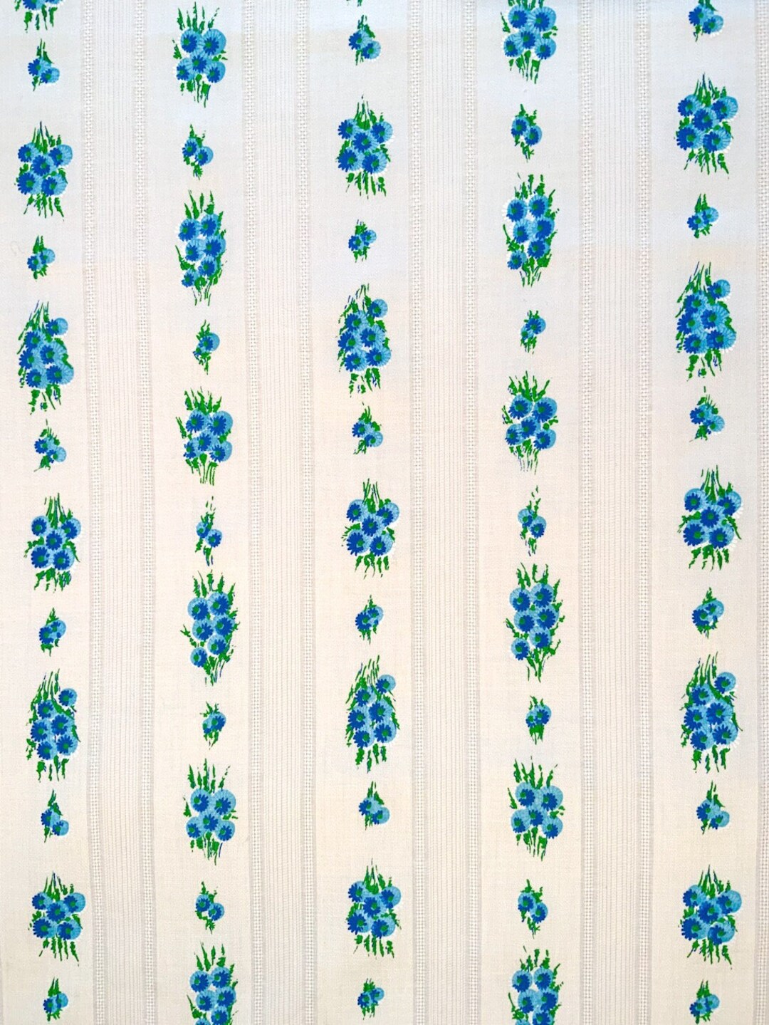 Vintage Floral Striped Fabric 1.5m. Twill, Ribbed Stripes. Rows of Blue ...