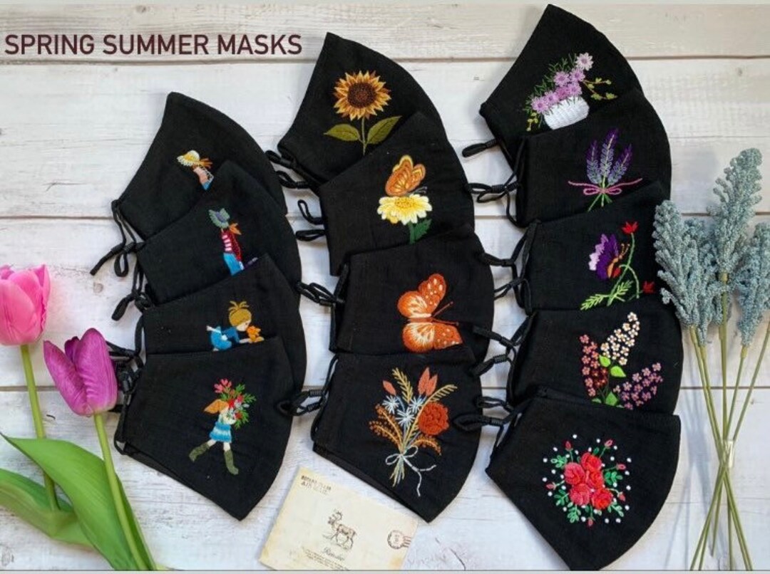FACEMASK| Hand-embroidered Floral Woman Girl Mask, 3 Layers Linen ...