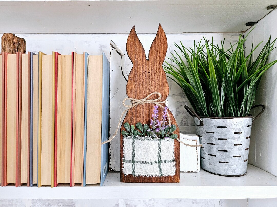 Reclaimed Wood Bunny With Flower Pouch, Wood Rabbit, Rabbit Decor ...