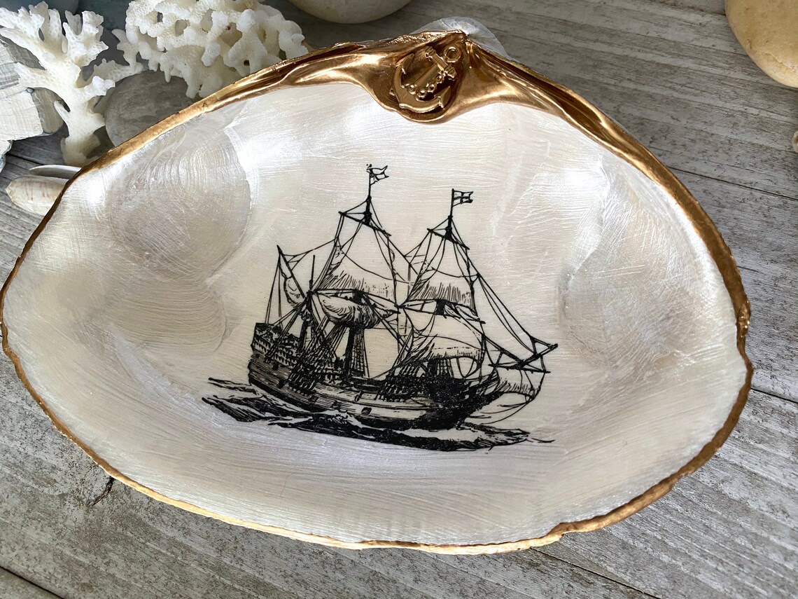 Clam Shell Bowl Decoupage Clam Shell Ship Art Beach House | Etsy