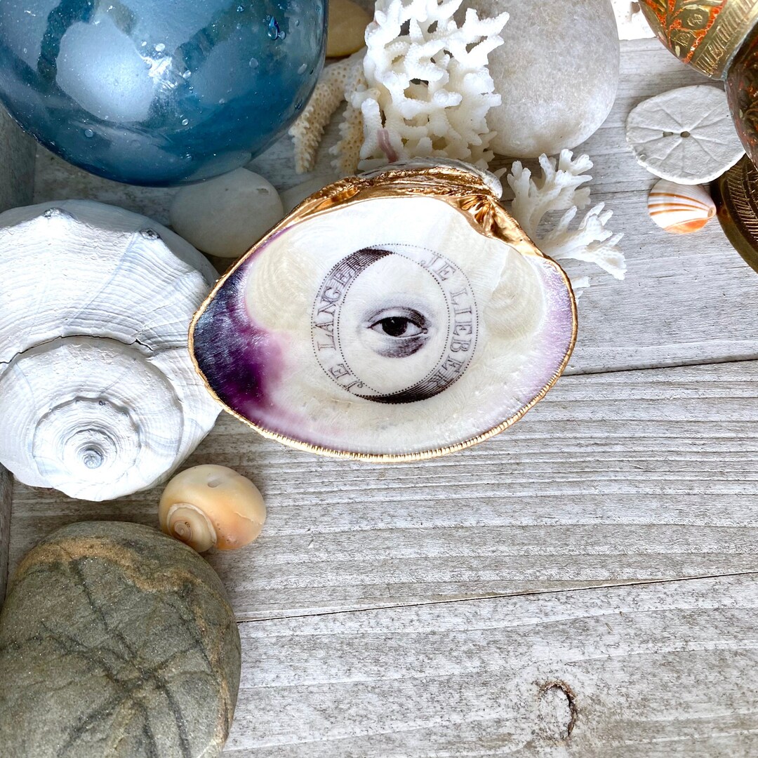 All Seeing Eye, Clam Shell Dish, Decoupage Shell, Trinket Dish, Ring ...