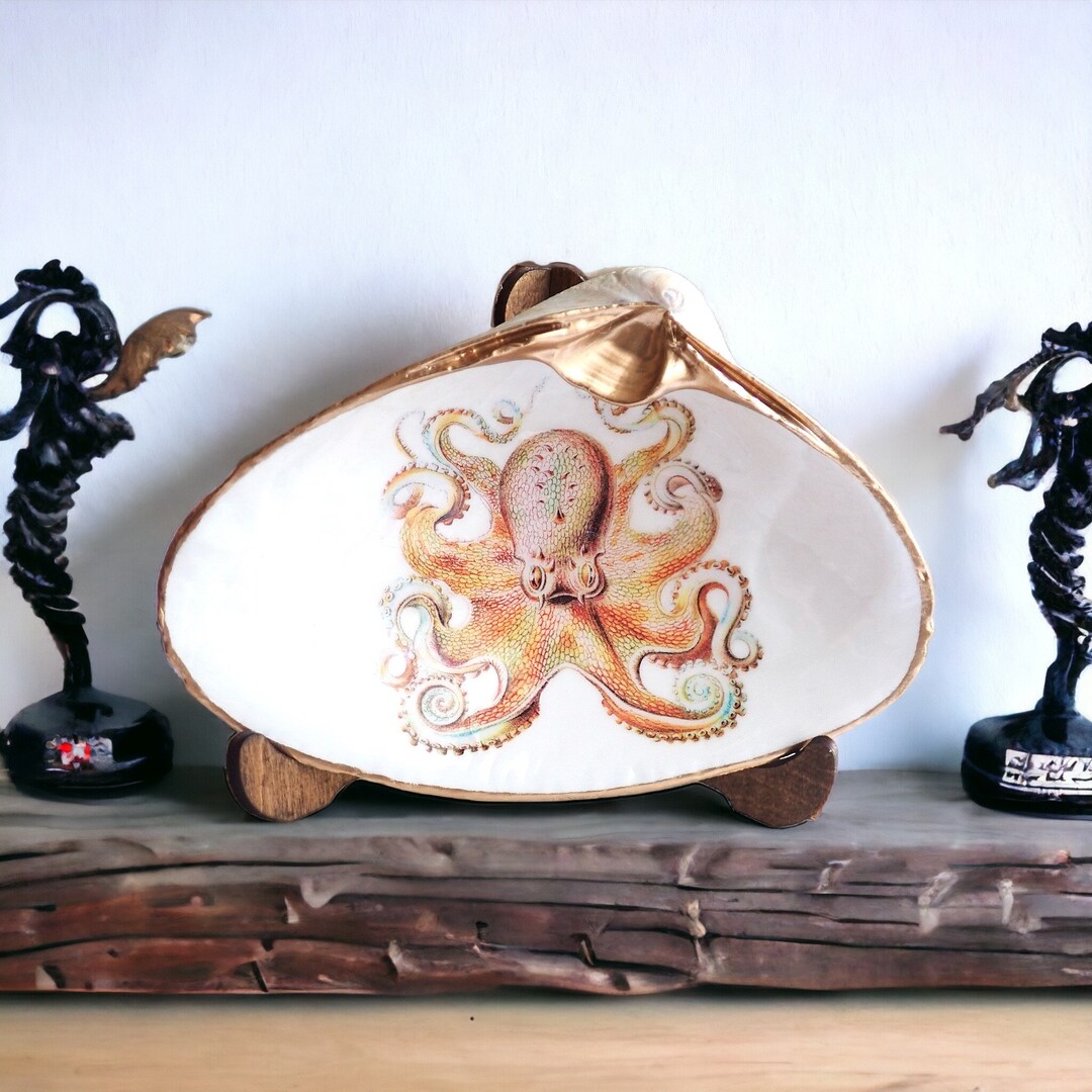 Octopus Decorative Decoupage Clam Shell, Octopus Decor,display Tray ...