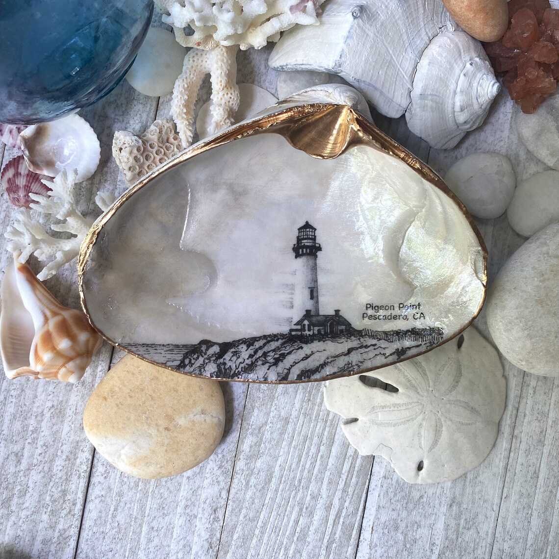 Pigeon Point Light,decoupage Clam Shell, Lighthouse Art, Ring Dish ...