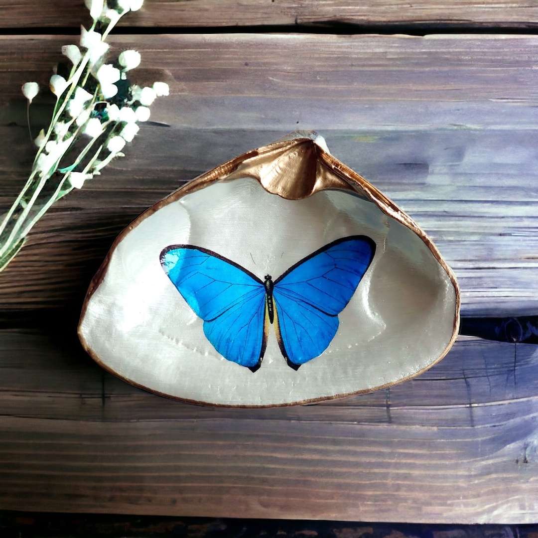 Butterfly Decoupage Clam Shell, Blue Morpho Butterfly Decor,sea Shell ...