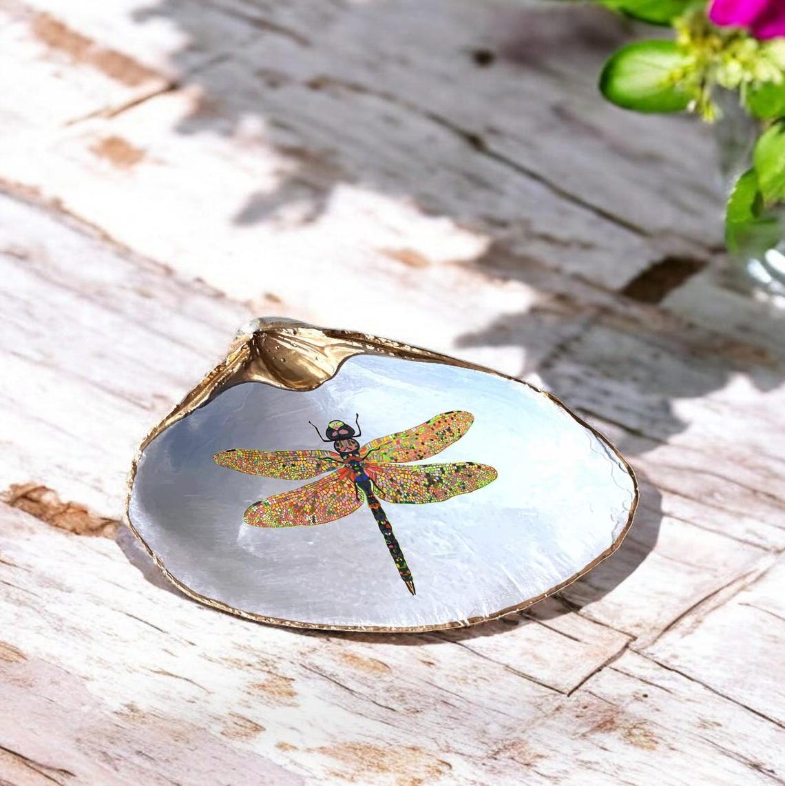 Dragonfly Decoupage Clam Shell, Dragonfly Decor, Sea Shell Ring Dish ...