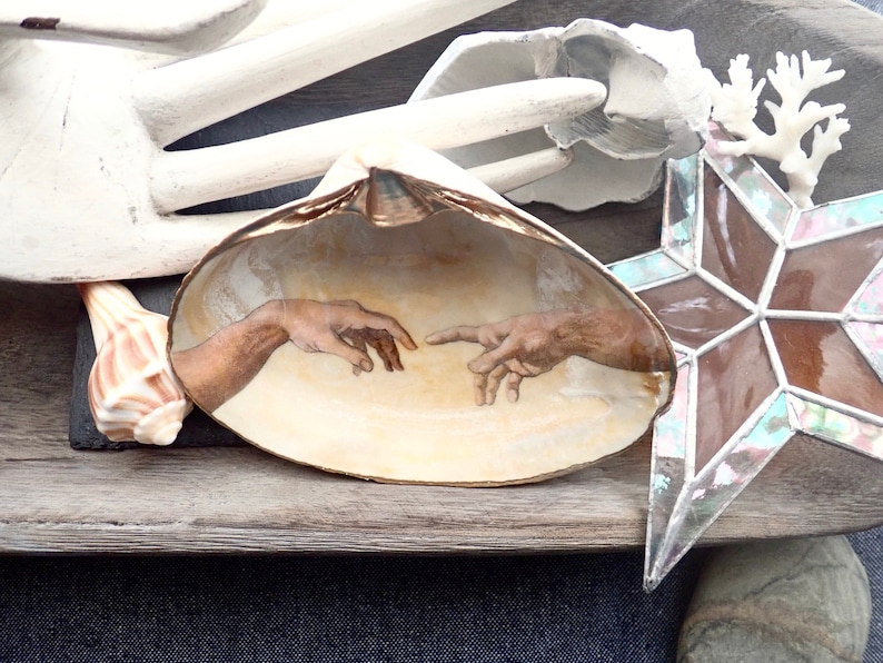 Decoupage Clam Shell, Michelangelo Art, Housewarming Gift, Ring Trinket ...