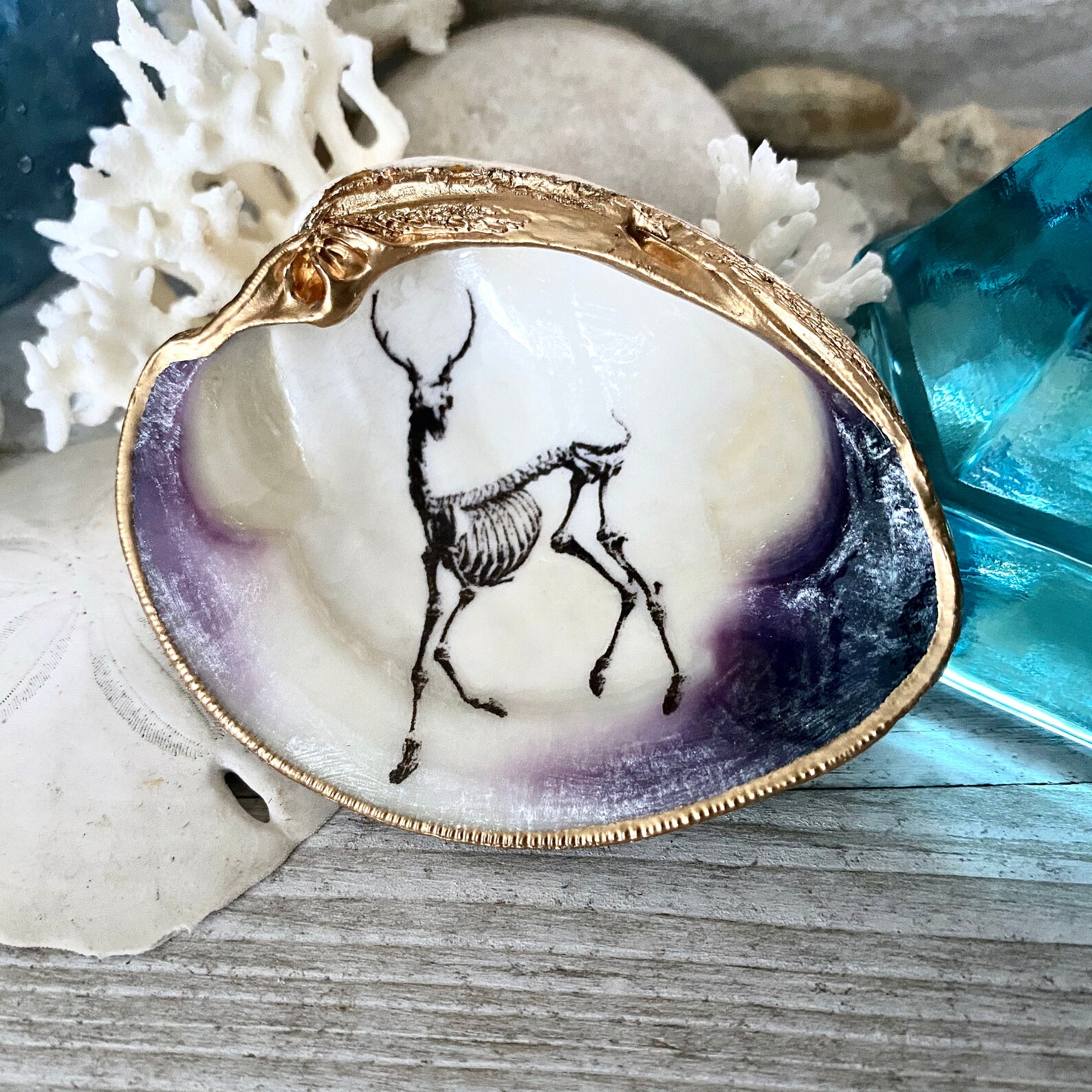 Skeleton Art, Gothic Art, Clam Shell Dish, Decoupage Shell, Trinket ...