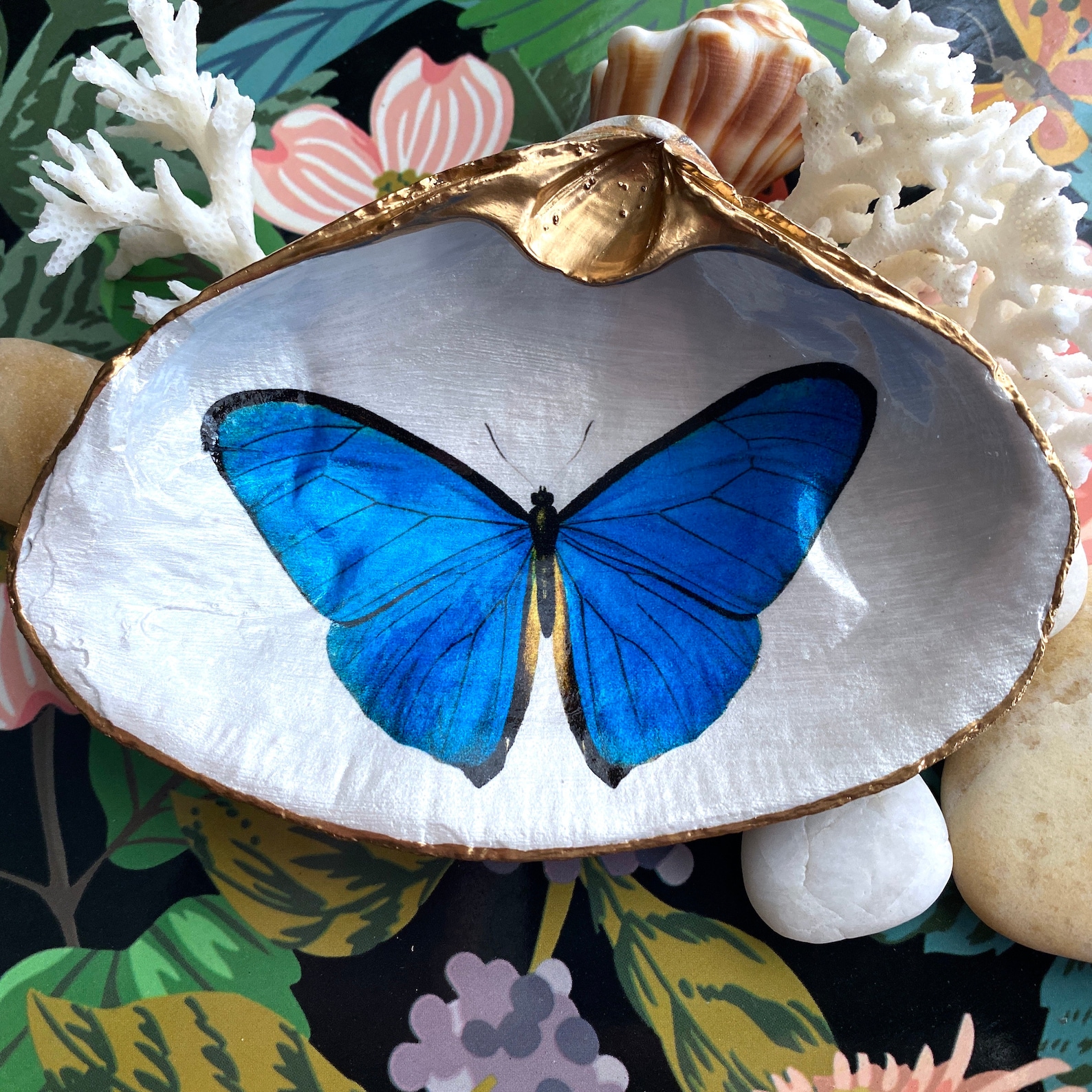 Butterfly Decoupage Clam Shell, Blue Morpho Butterfly Decor,sea Shell ...