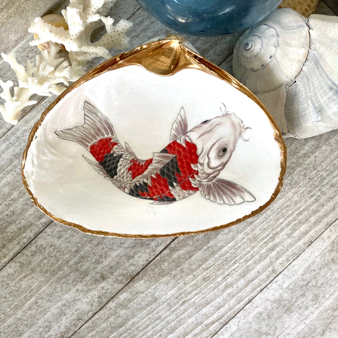 Decoupage Clam Shell,sea Shell Dish,koi Fish,coastal Decor, Ring Dish ...