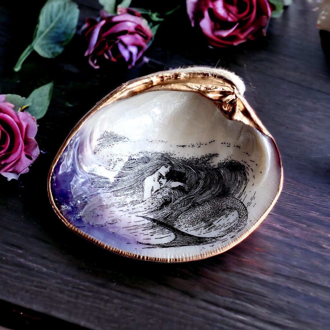 Mermaid Home Decor, Shell Jewelry Dish,decoupage Clam Shell, Painted ...