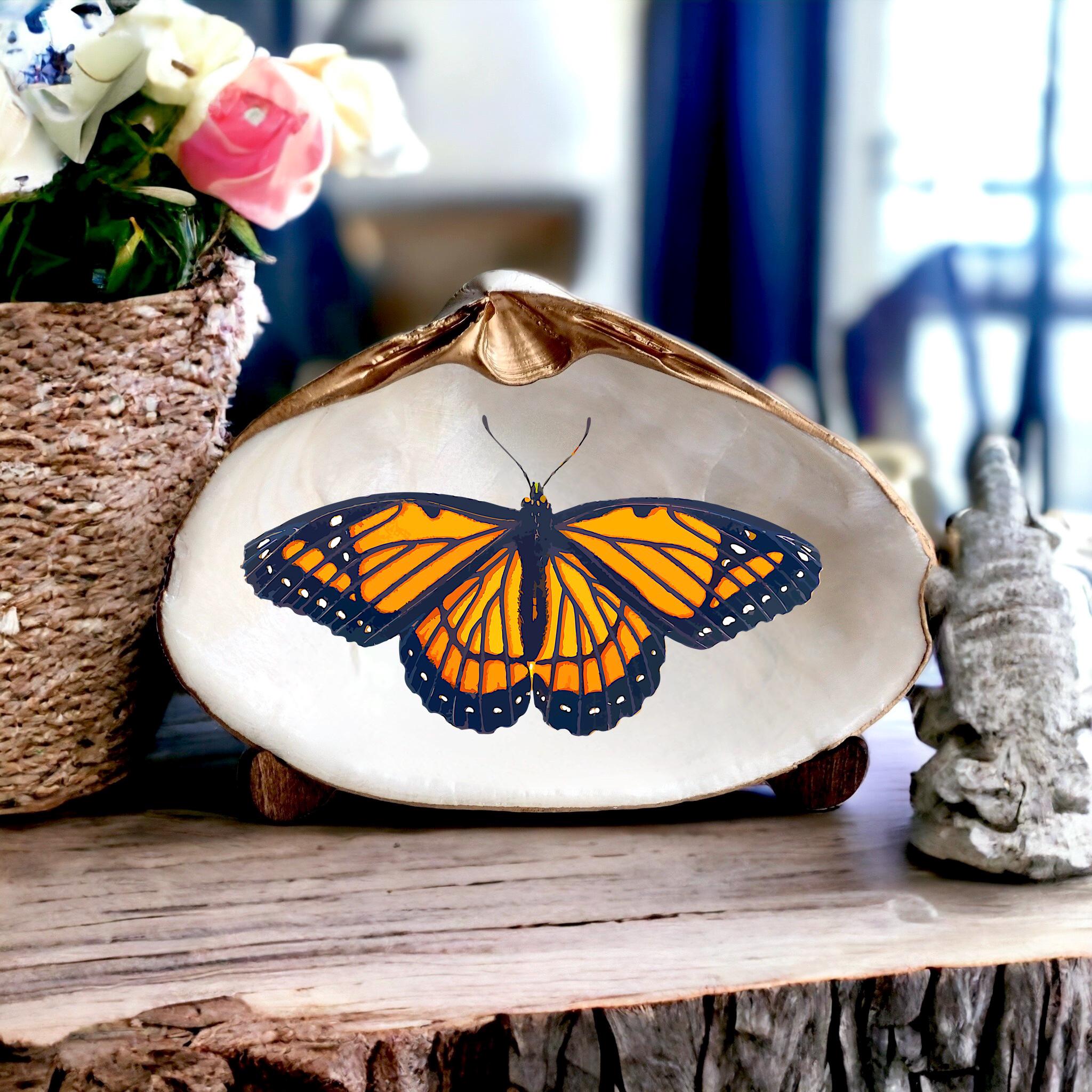 Butterfly Decoupage Clam Shell, Monarch Butterfly Decor,sea Shell Ring ...
