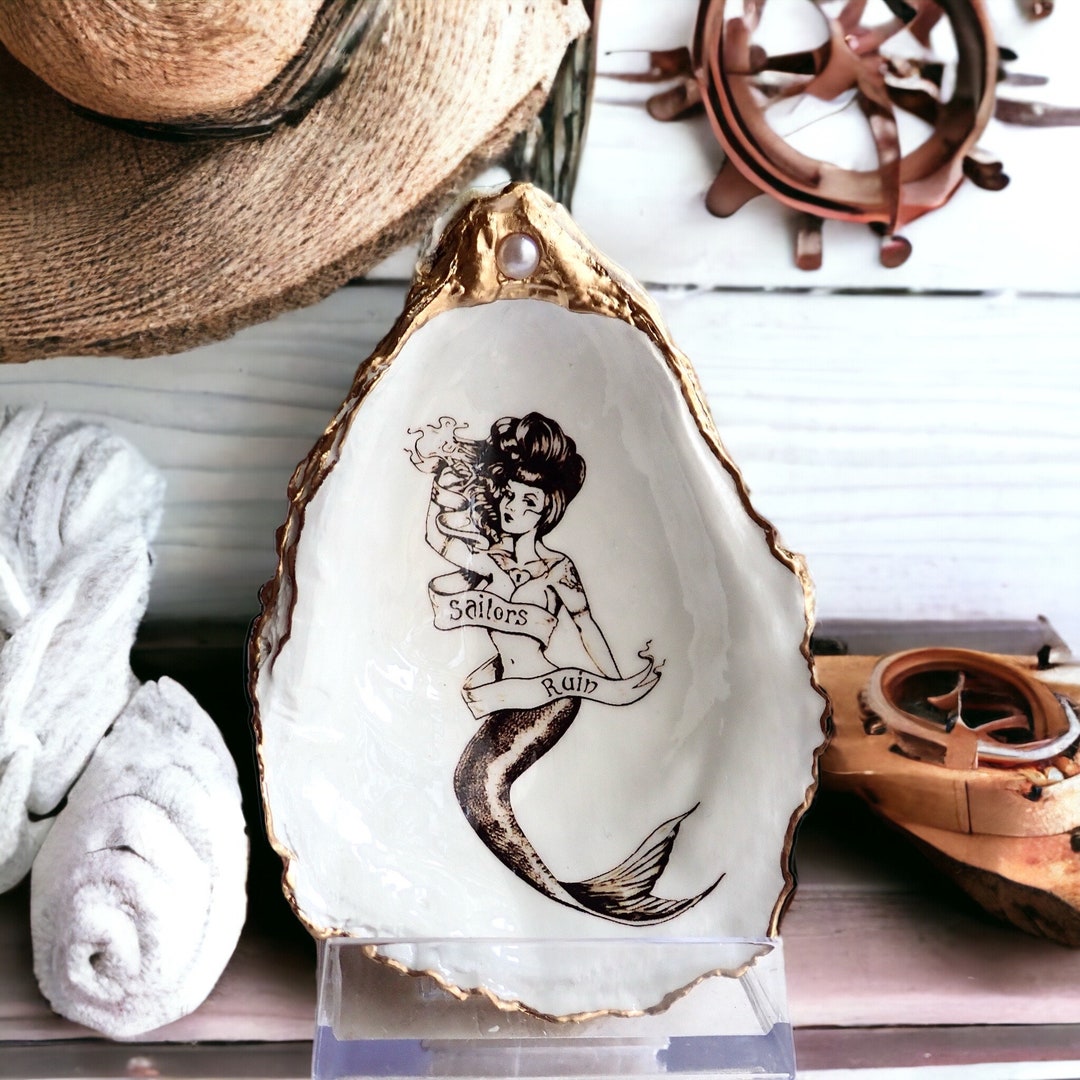 Mermaid Art Oyster Shell Dish, Trinket Ring Jewelry Dish, Decoupage ...
