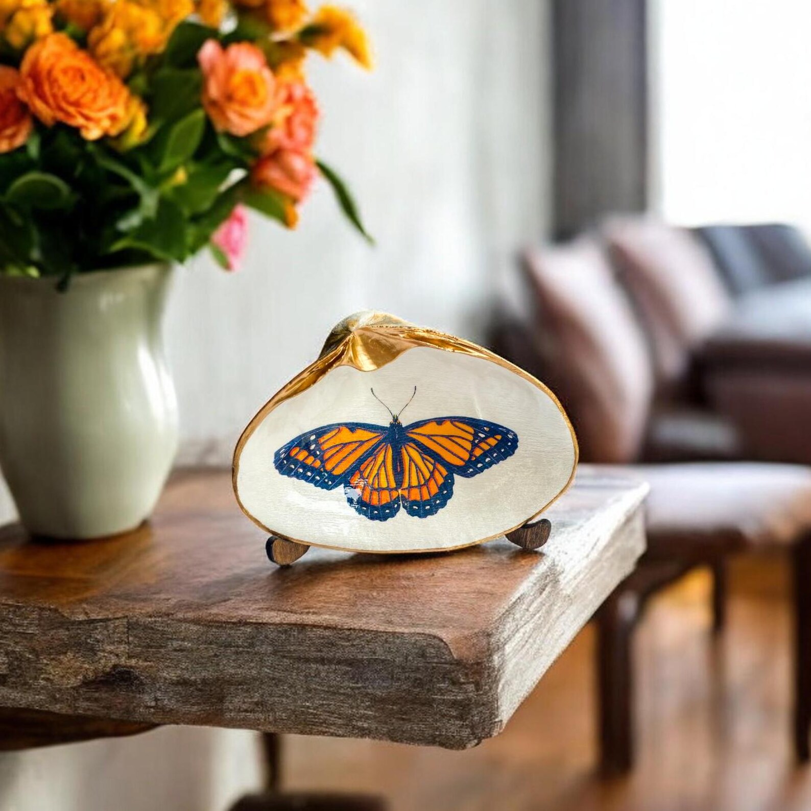 Butterfly Decoupage Clam Shell, Monarch Butterfly Decor,sea Shell Ring ...