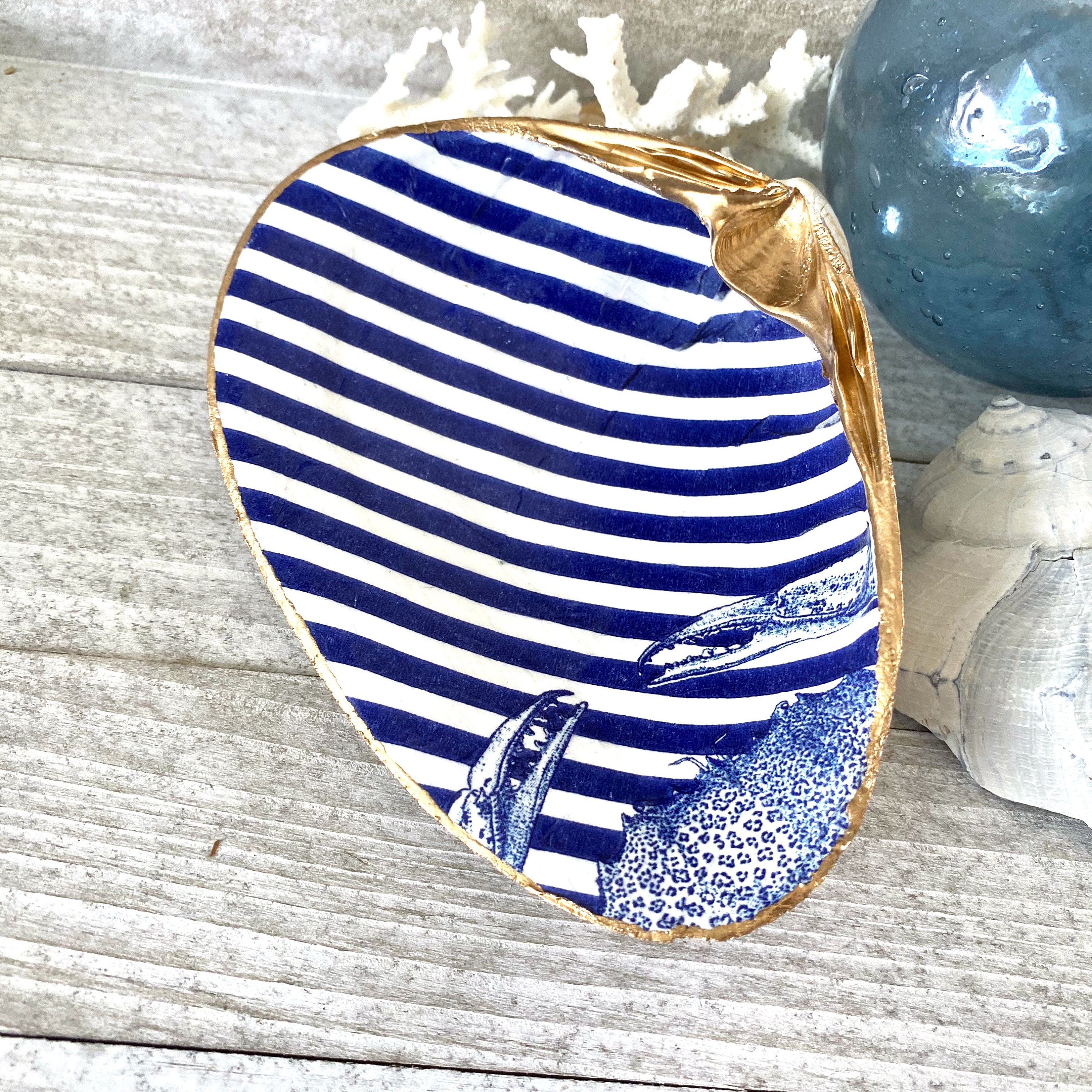 Decoupage Clam Shell Bowl Crab Art Sea Shell Dish Coastal | Etsy