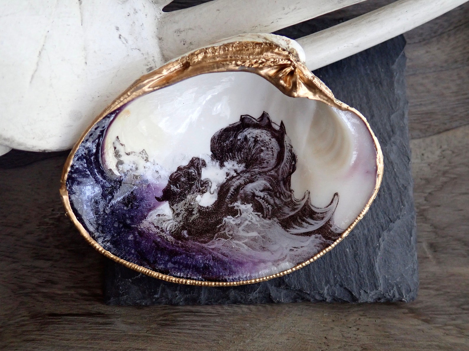 Clam Shell Dish, Decoupage Shell, Trinket Dish, Ring Dish, Sea Monster ...